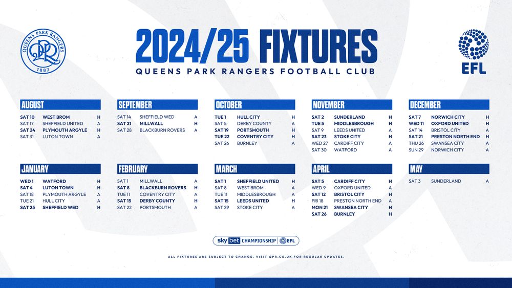 QPR FC 2024 25 fixtures West Brom H up first